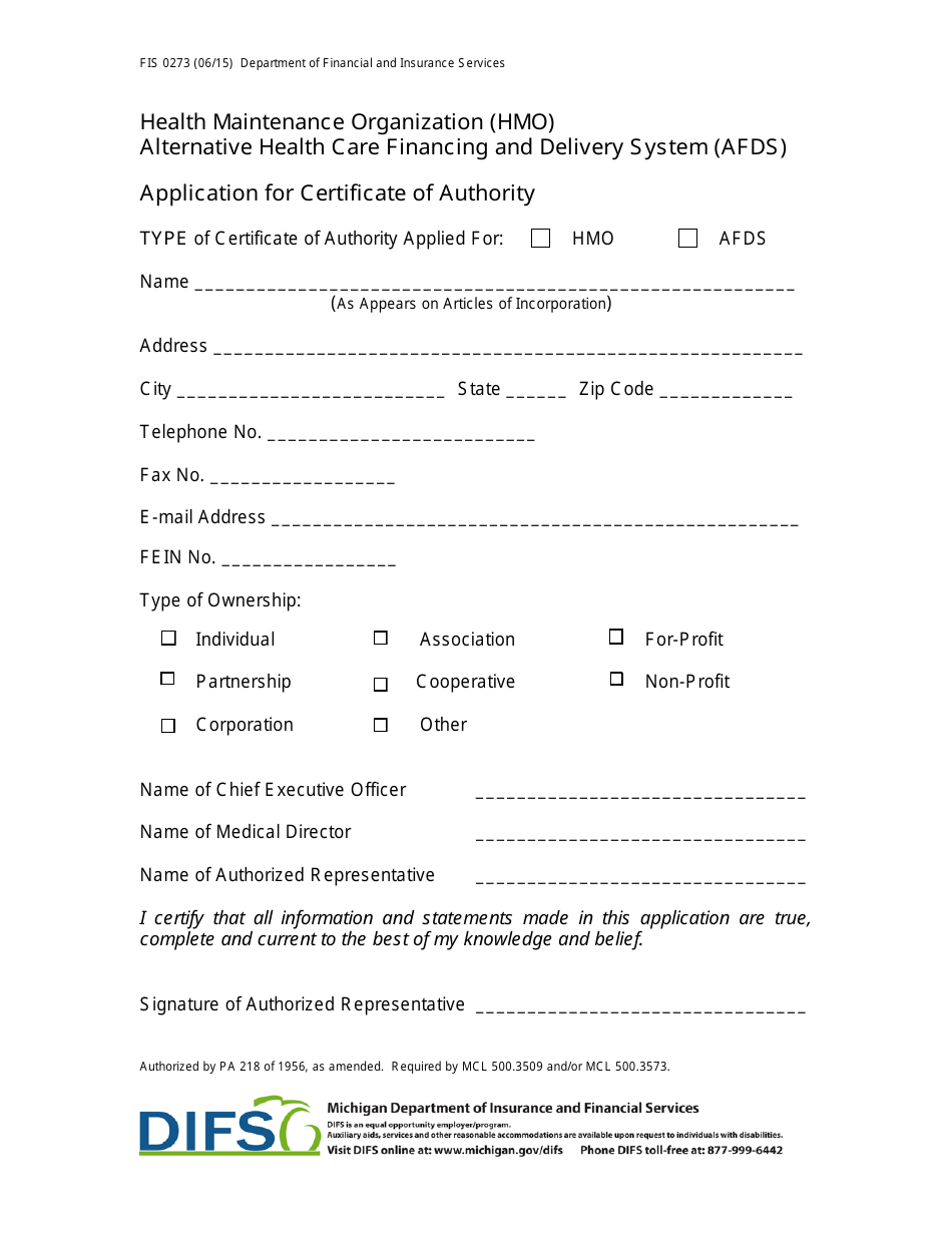 Form FIS0273 - Fill Out, Sign Online and Download Fillable PDF, Michigan | Templateroller