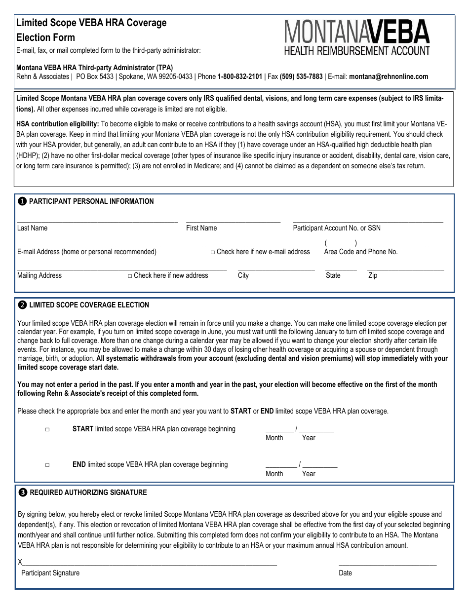 Montana Limited Scope Veba HRA Coverage Election Form - Fill Out, Sign ...