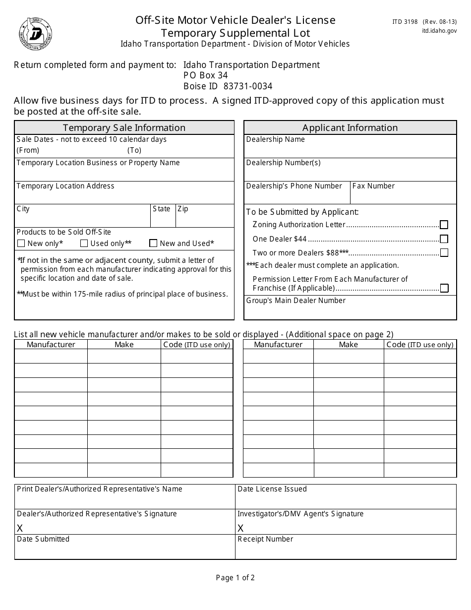 Form ITD3198 - Fill Out, Sign Online and Download Fillable PDF, Idaho ...