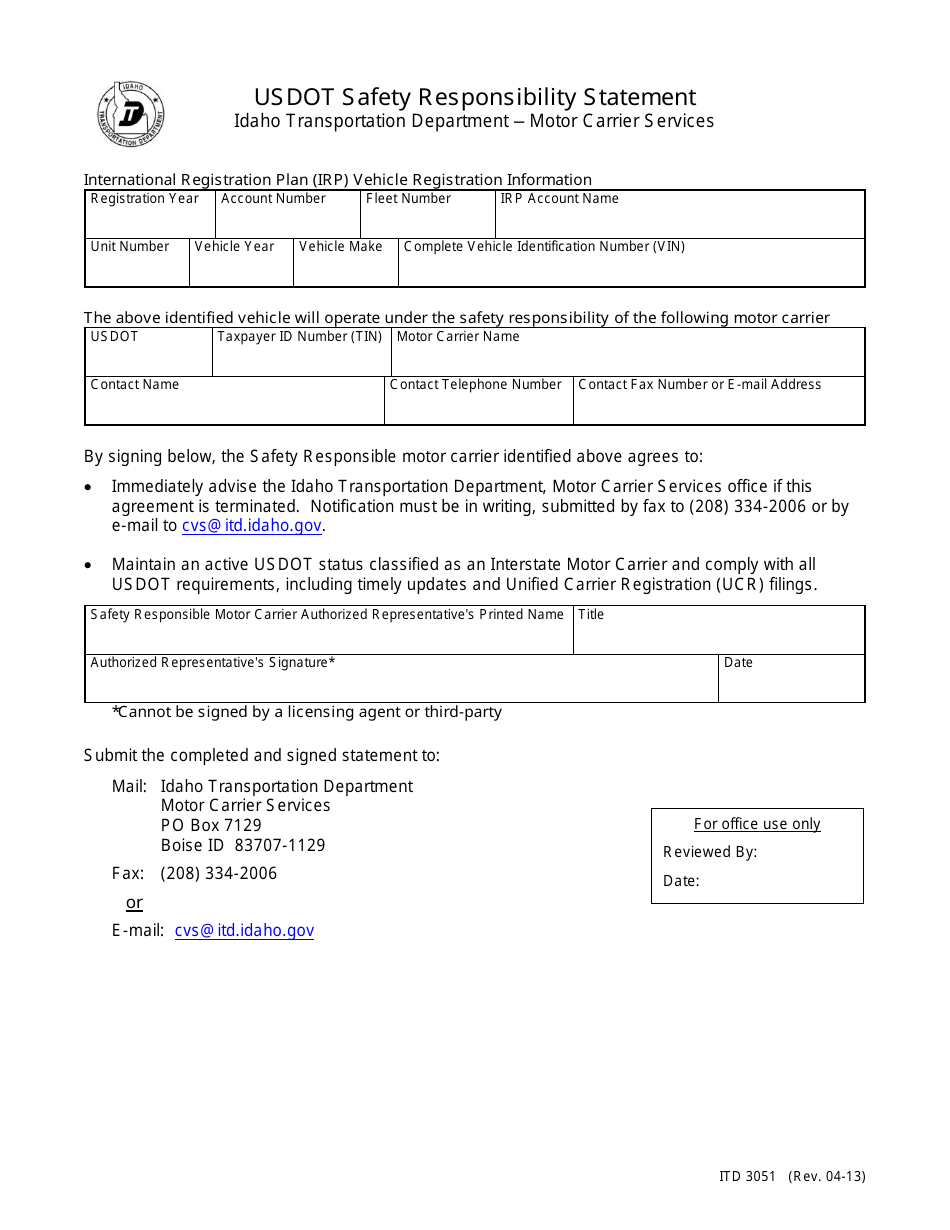 Form ITD3051 - Fill Out, Sign Online and Download Fillable PDF, Idaho ...