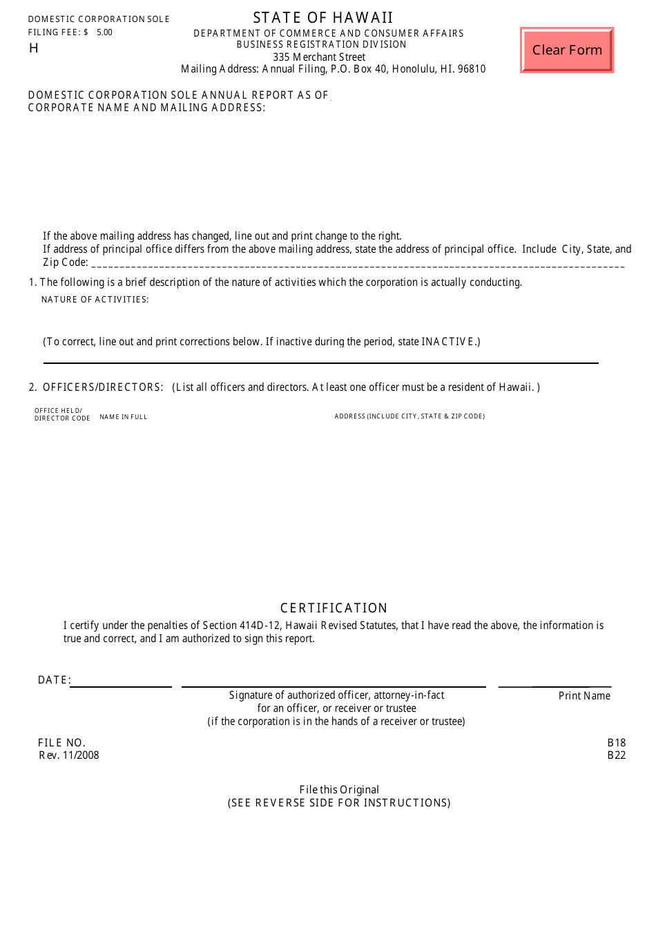 Hawaii Domestic Corporation Sole Annual Report - Fill Out, Sign Online ...