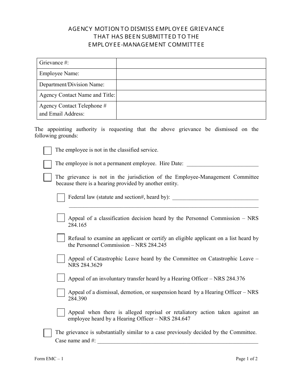 Form EMC-1 - Fill Out, Sign Online and Download Fillable PDF, Nevada ...