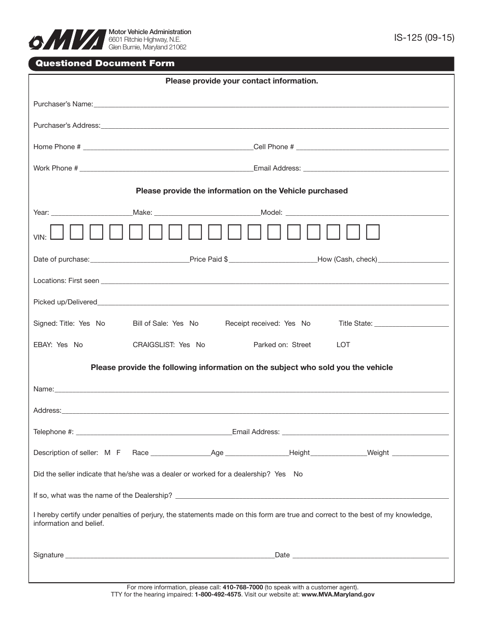 Form IS-125 - Fill Out, Sign Online and Download Fillable PDF, Maryland ...