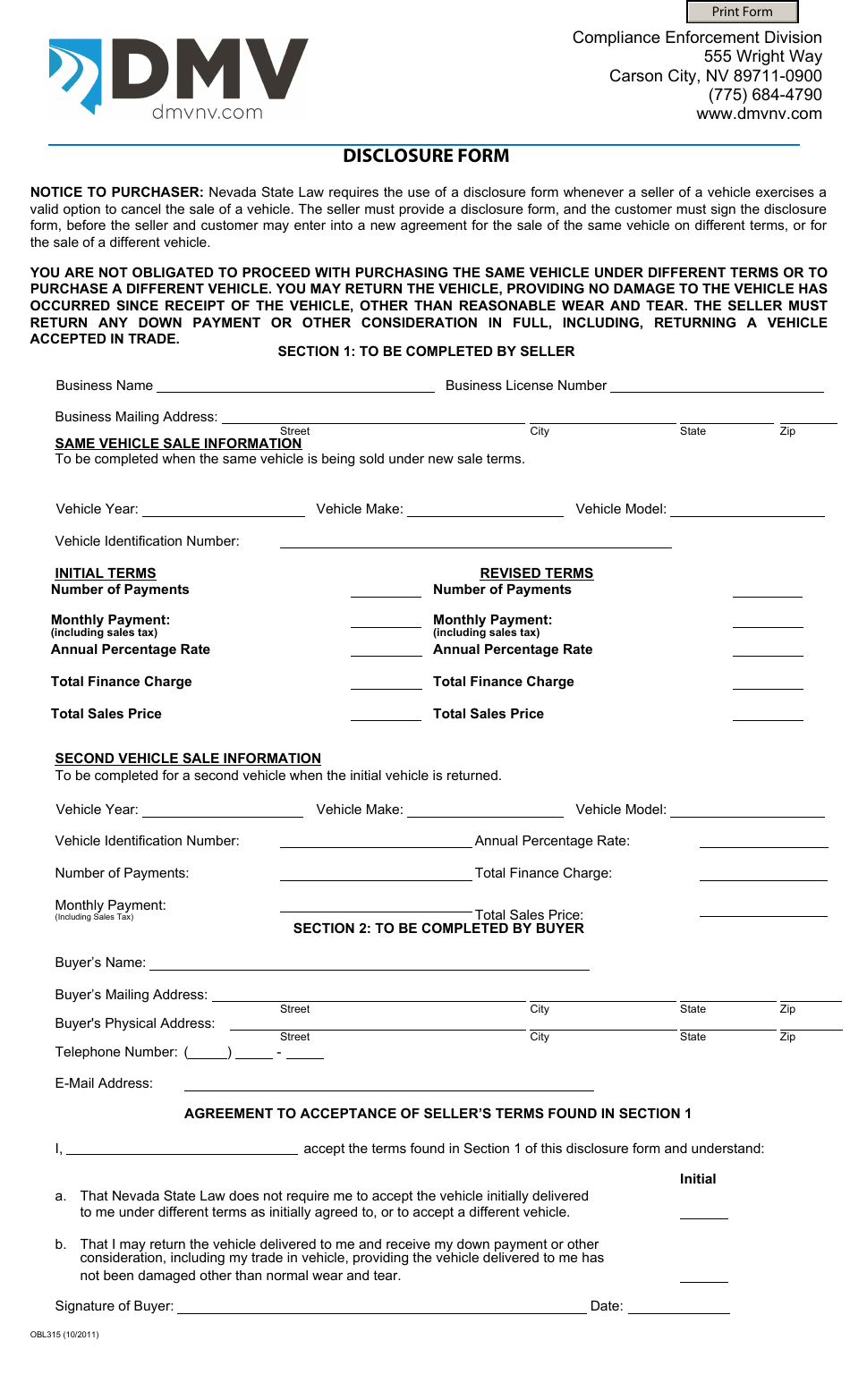Form OBL315 - Fill Out, Sign Online and Download Fillable PDF, Nevada ...