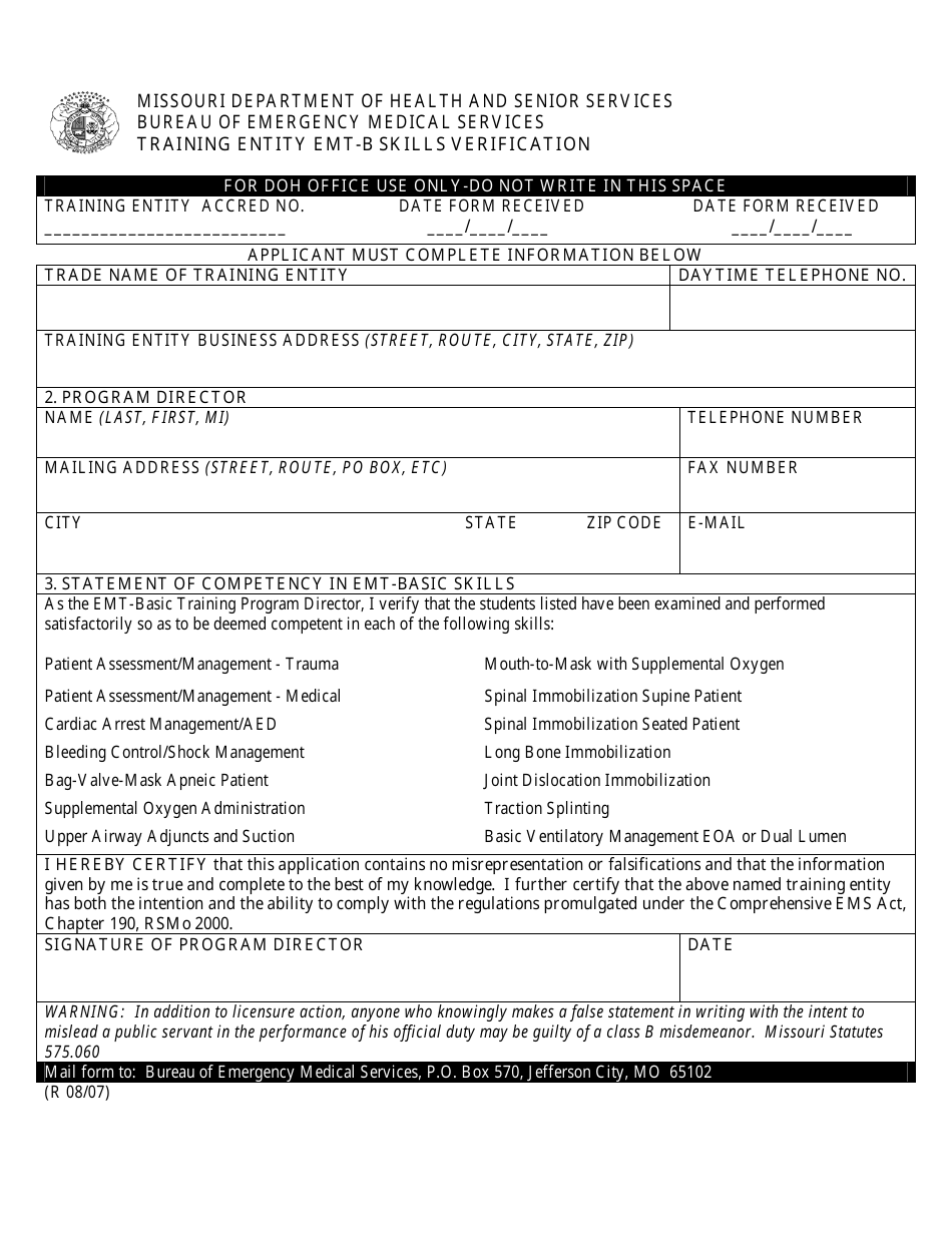 Missouri Training Entity Emt-B Skills Verification Form - Fill Out ...
