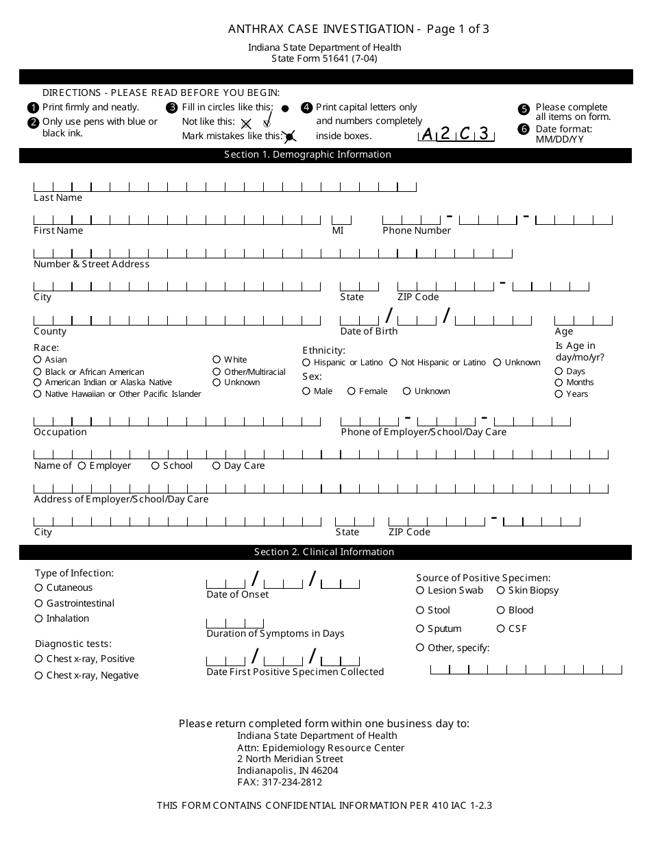 State Form 51641 Download Fillable PDF or Fill Online Anthrax Case ...