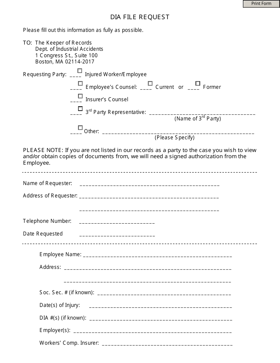 Massachusetts Dia File Request - Fill Out, Sign Online and Download PDF ...