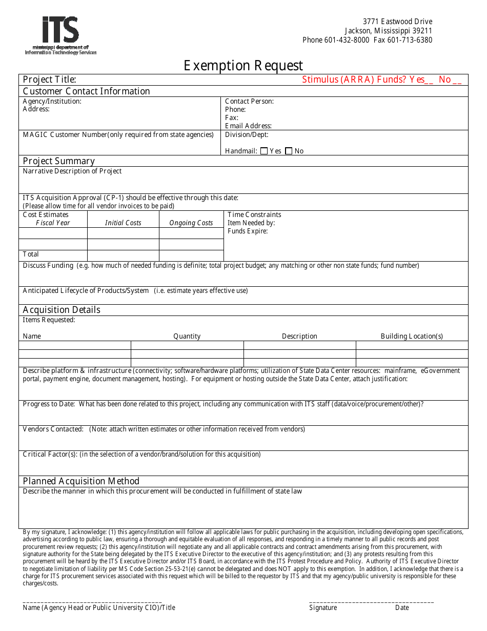 Mississippi Exemption Request Form - Fill Out, Sign Online and Download ...