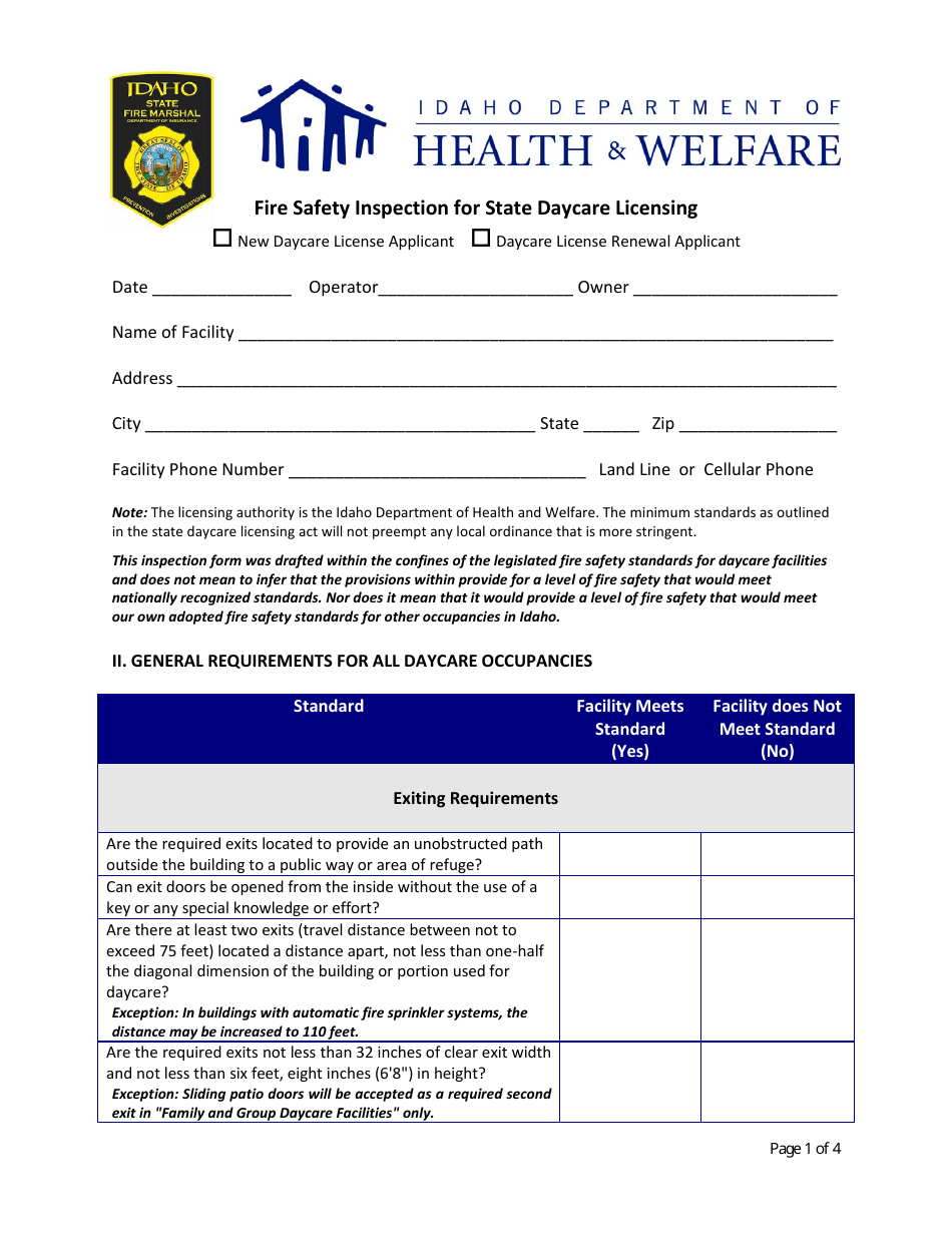 Idaho Fire Safety Inspection For State Daycare Licensing Fill Out idaho-fire-safety-inspection-for-state-daycare-licensing-fill-out