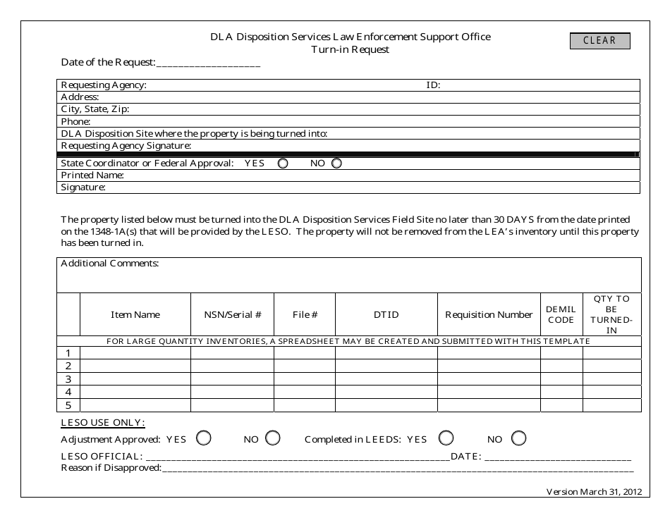 Dla Disposition Services Law Enforcement Support Office Turn-In Request ...