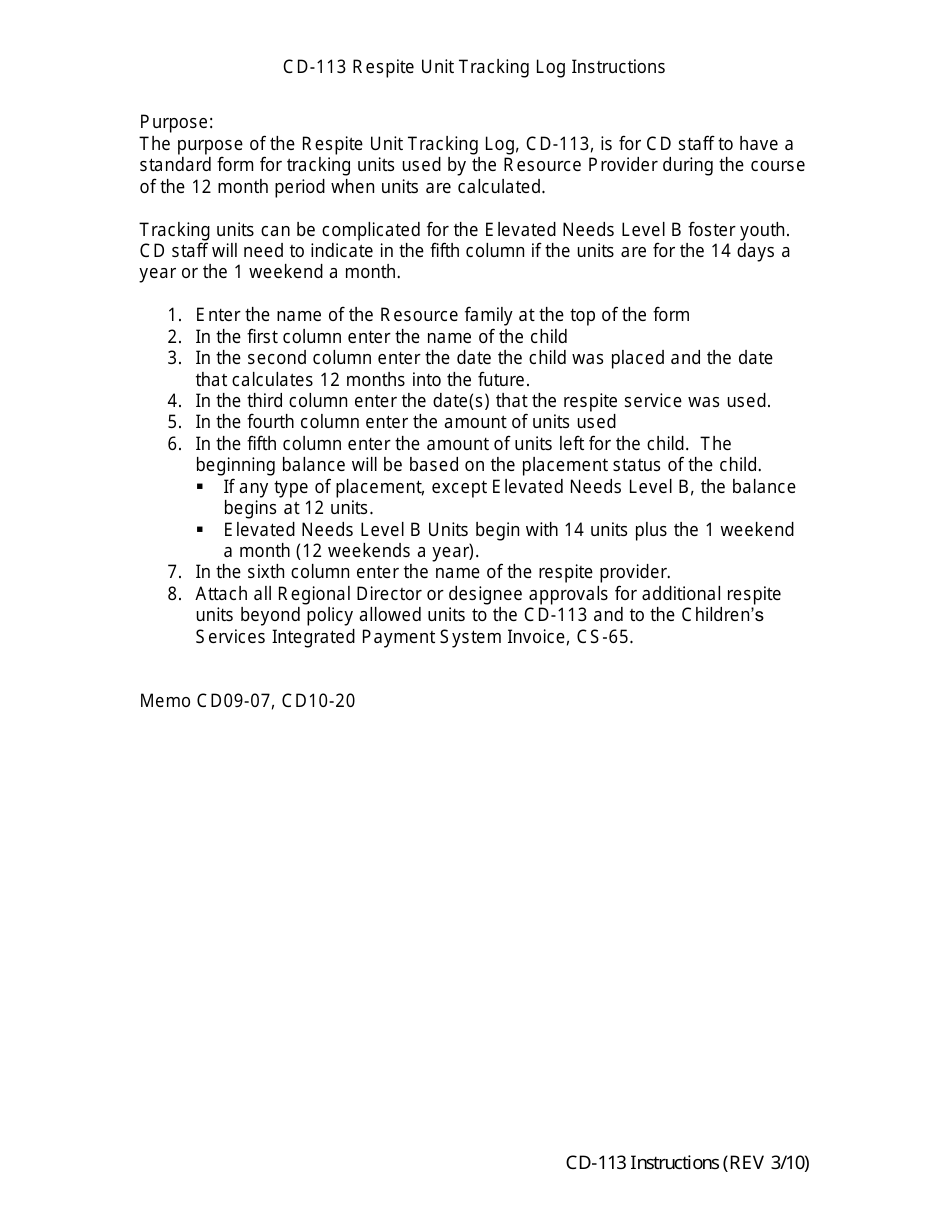 Download Instructions for Form CD-113 Respite Unit Tracking Log PDF ...