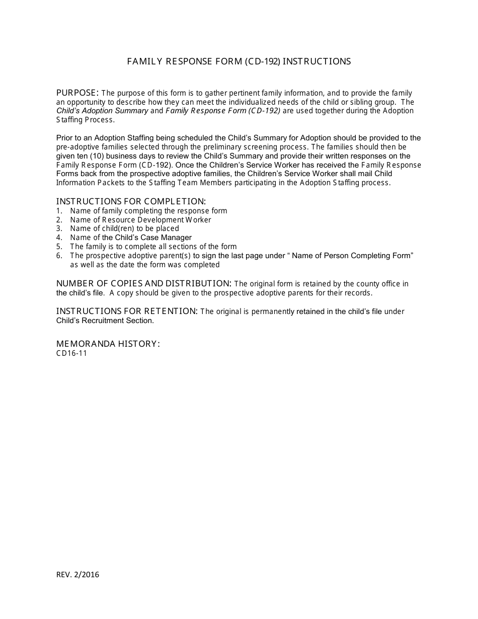 Download Instructions for Form CD-192 Family Response Form PDF ...