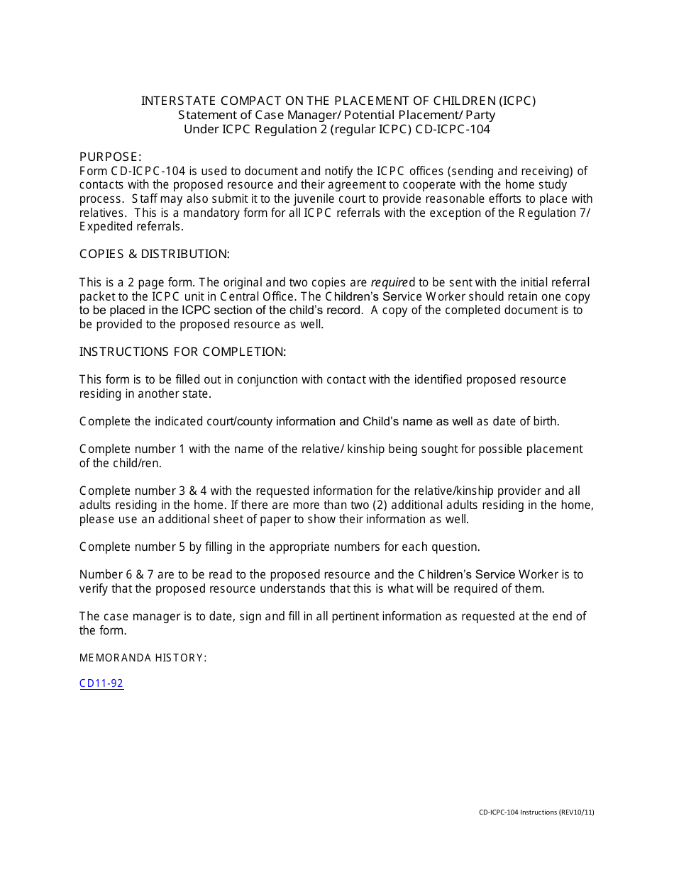 Download Instructions for Form CD-ICPC-104 Statement of Case Manager ...