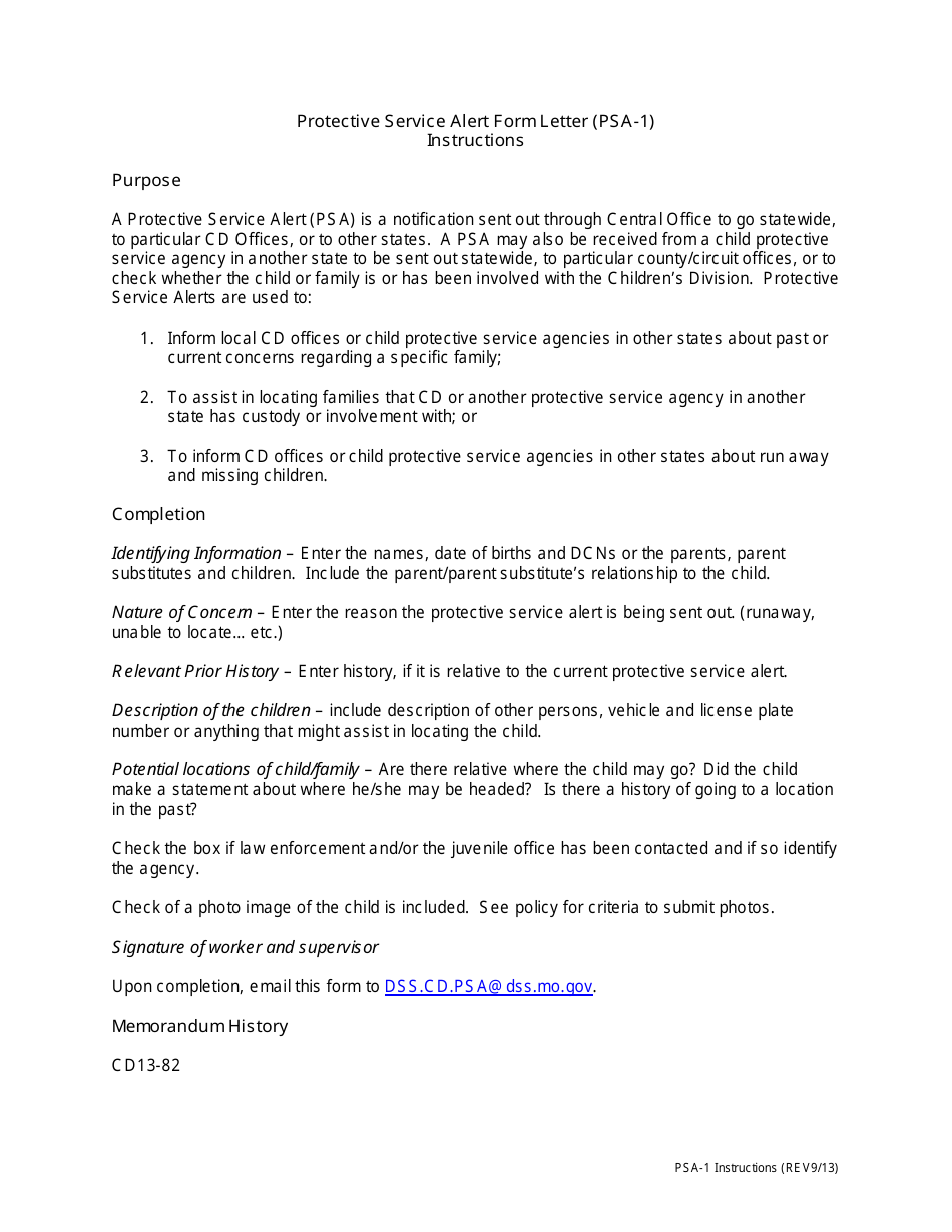 Download Instructions for Form PSA-1 Protective Service Alert Form ...