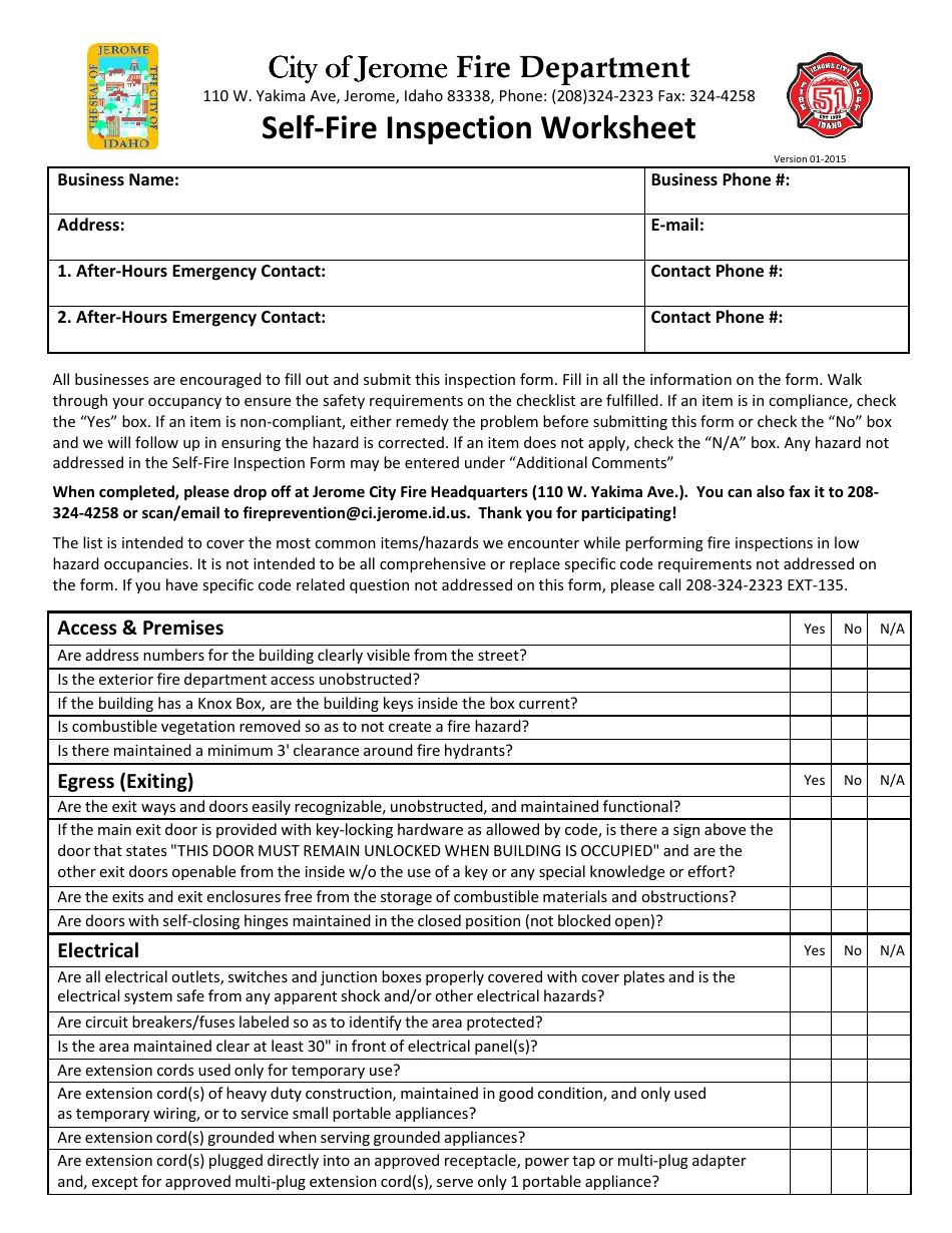 City of Jerome, Idaho Self-fire Inspection Worksheet - Fill Out, Sign ...