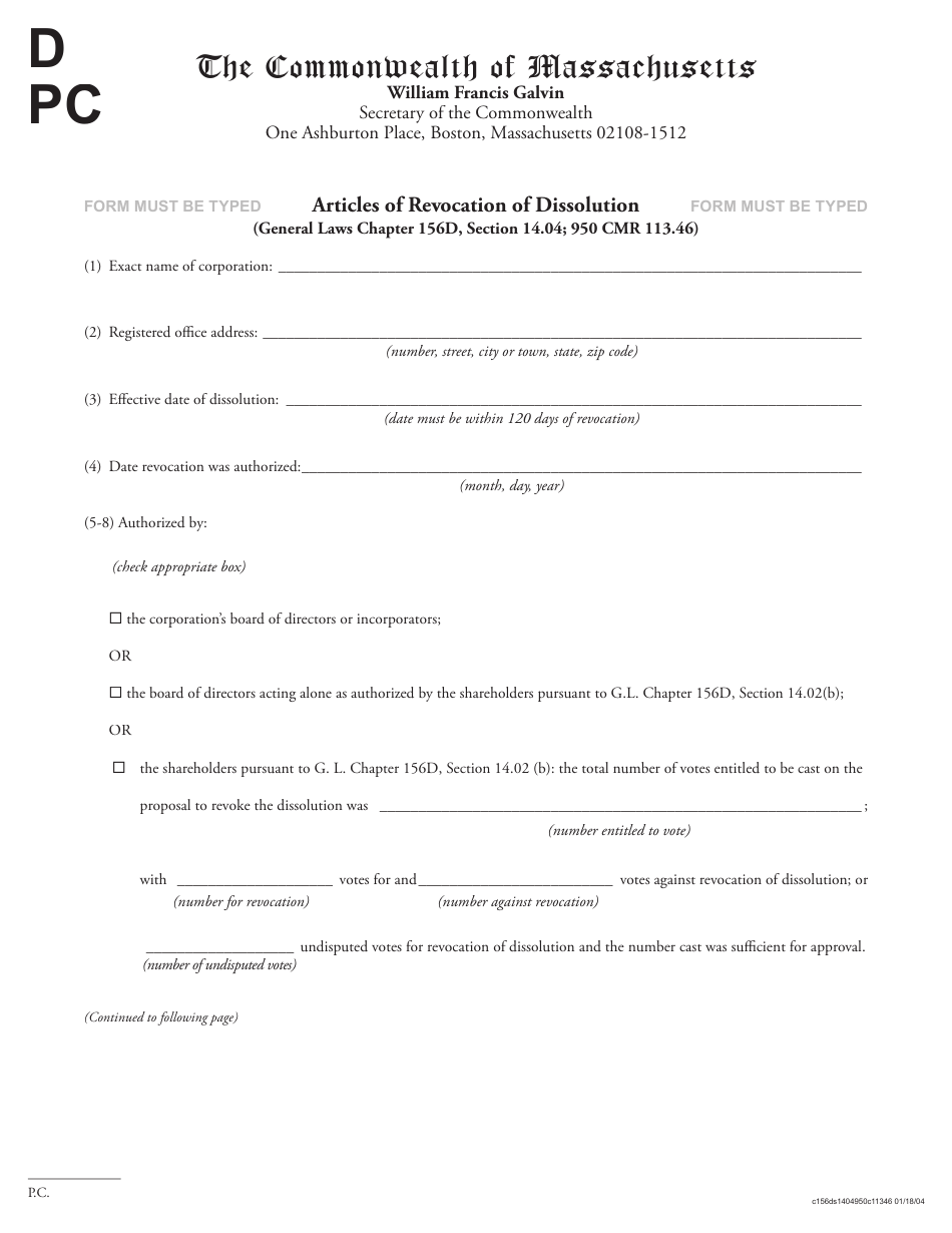 Massachusetts Articles of Revocation of Dissolution Download Fillable ...