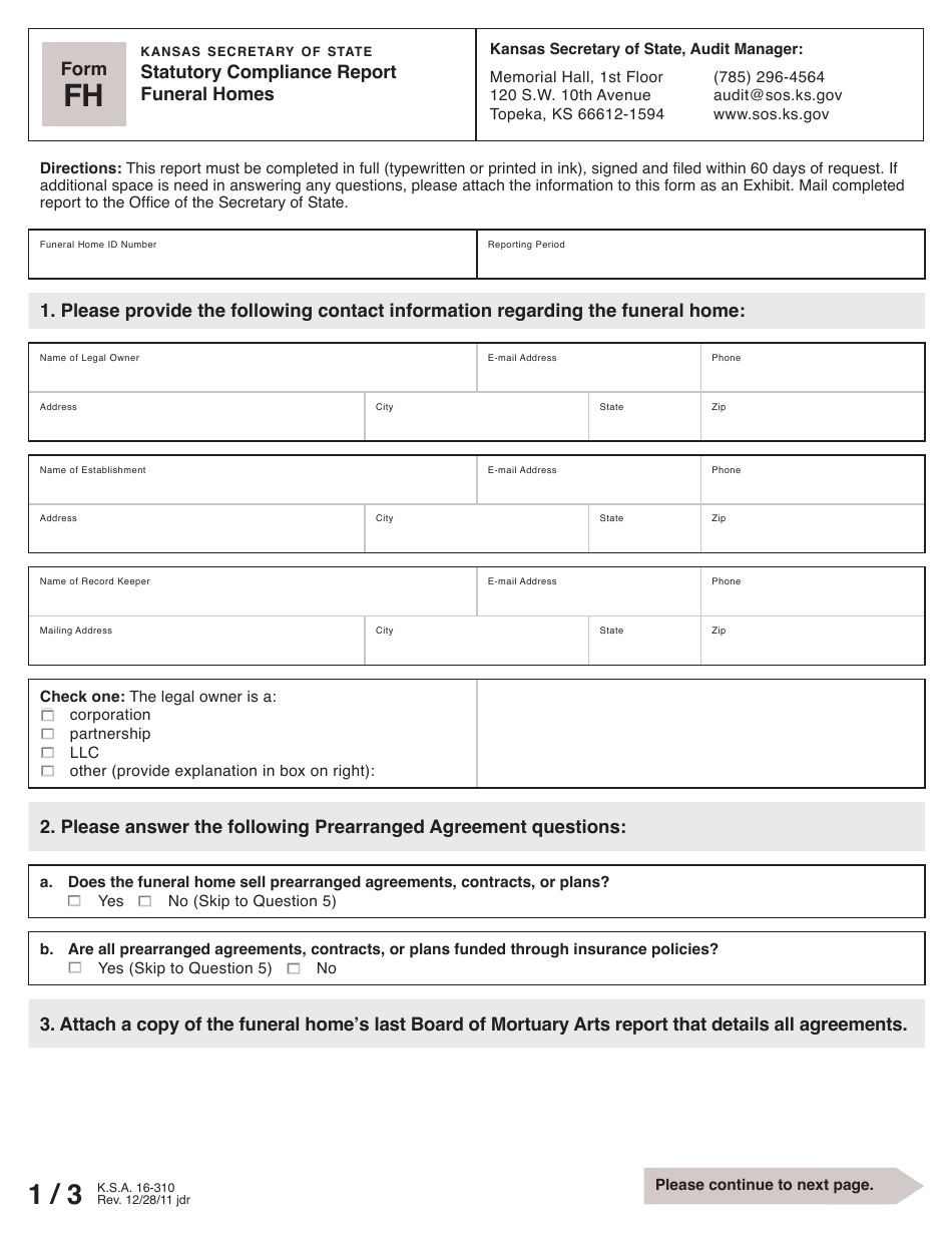 Form FH - Fill Out, Sign Online and Download Fillable PDF, Kansas ...