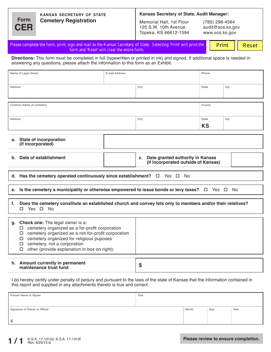 Form CER - Fill Out, Sign Online and Download Fillable PDF, Kansas ...