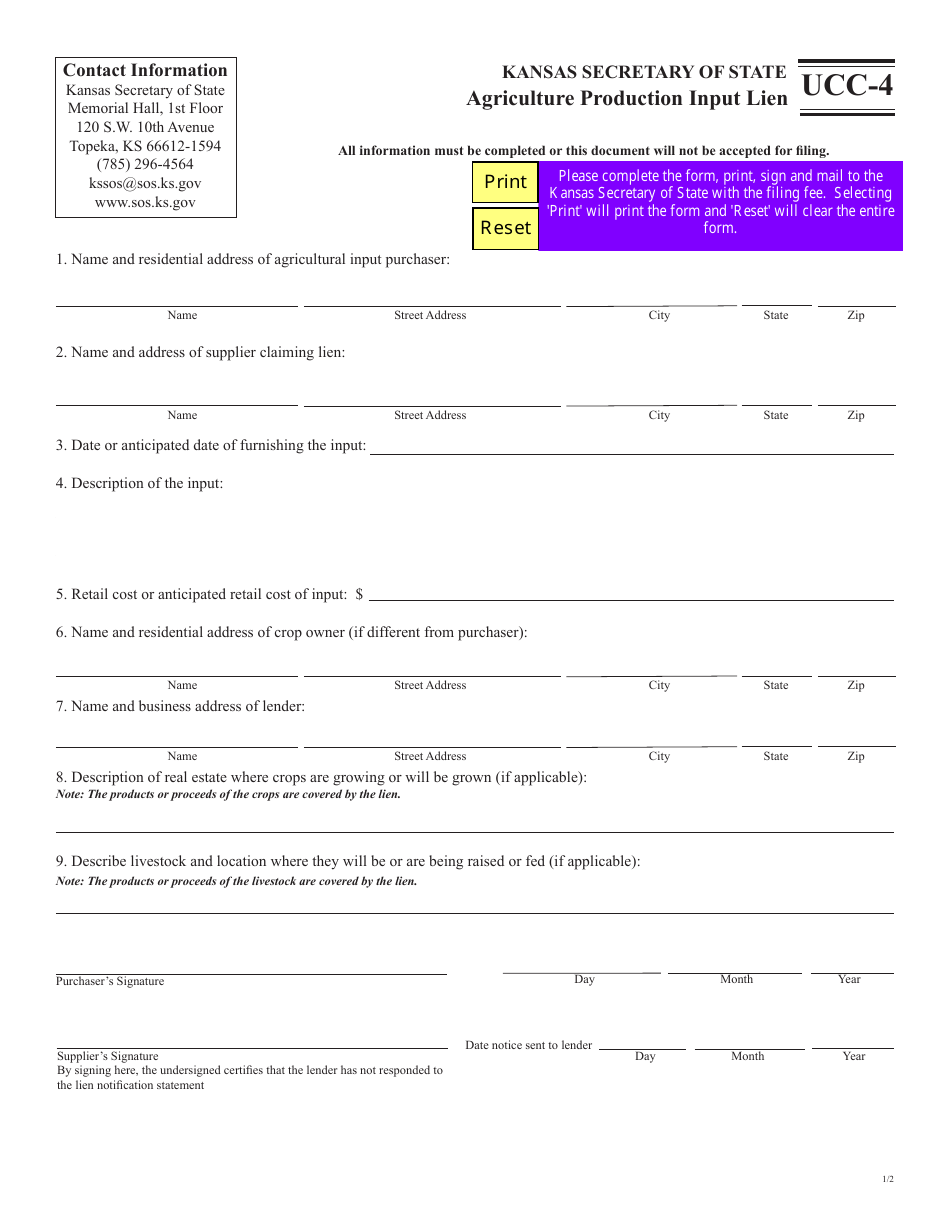 Form UCC-4 - Fill Out, Sign Online and Download Fillable PDF, Kansas ...