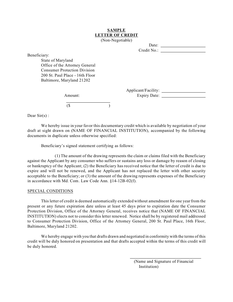 Maryland Letter Of Credit Non negotiable Sample Fill Out Sign 