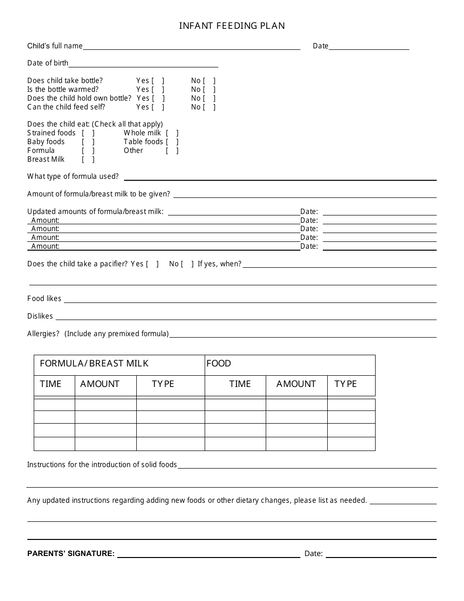 Georgia United States Infant Feeding Plan Form Fill Out Sign