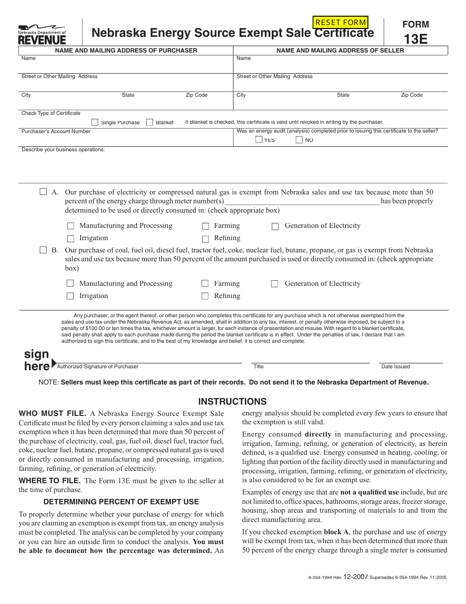 Form 13E - Fill Out, Sign Online and Download Fillable PDF, Nebraska ...