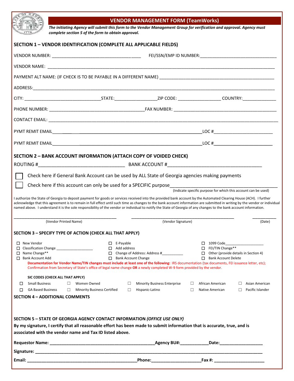 Georgia (United States) Vendor Management Form (Teamworks) - Fill Out ...