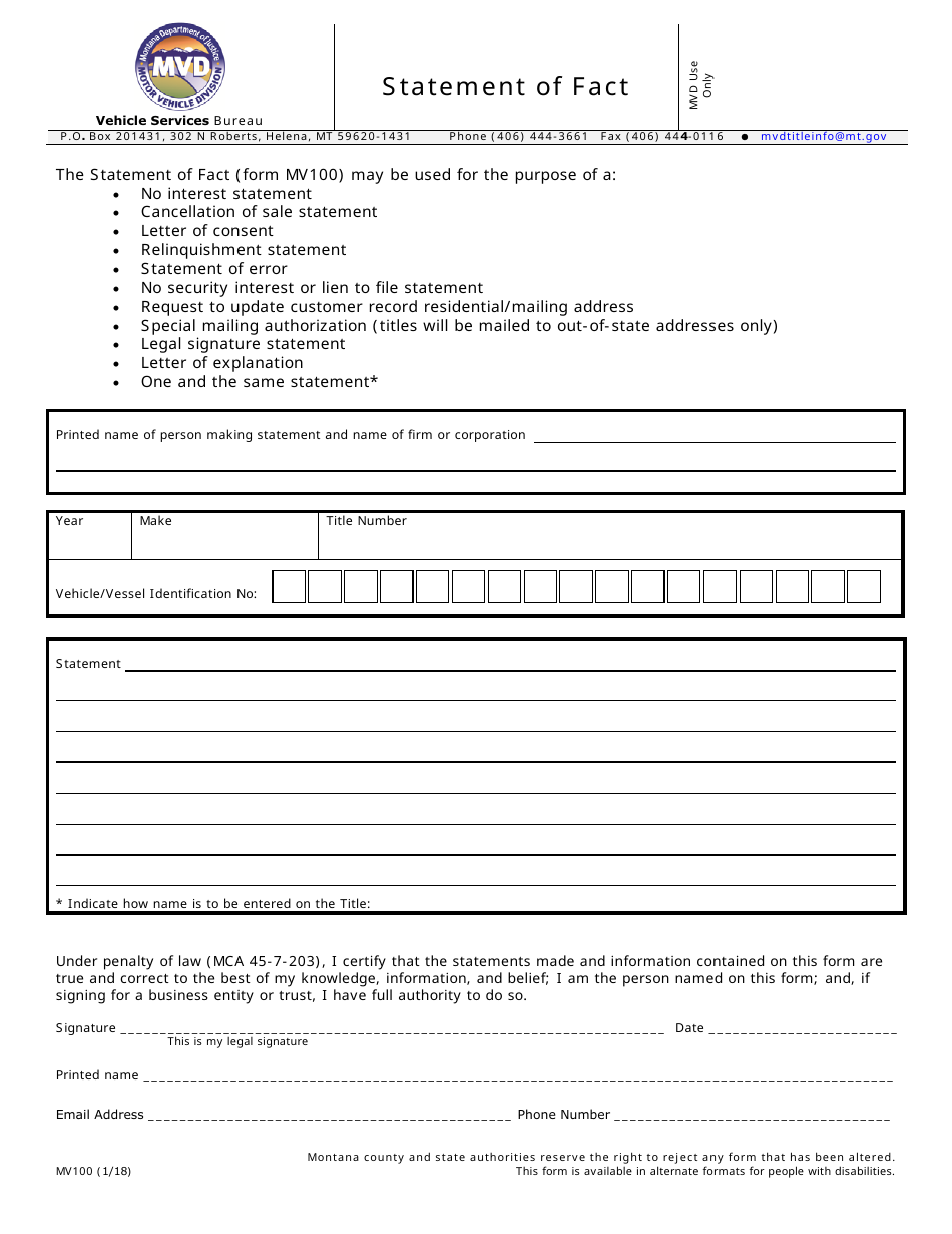 Form MV100 - Fill Out, Sign Online and Download Fillable PDF, Montana ...