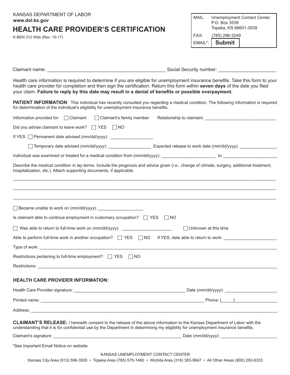 Form K-BEN312 - Fill Out, Sign Online and Download Fillable PDF, Kansas ...