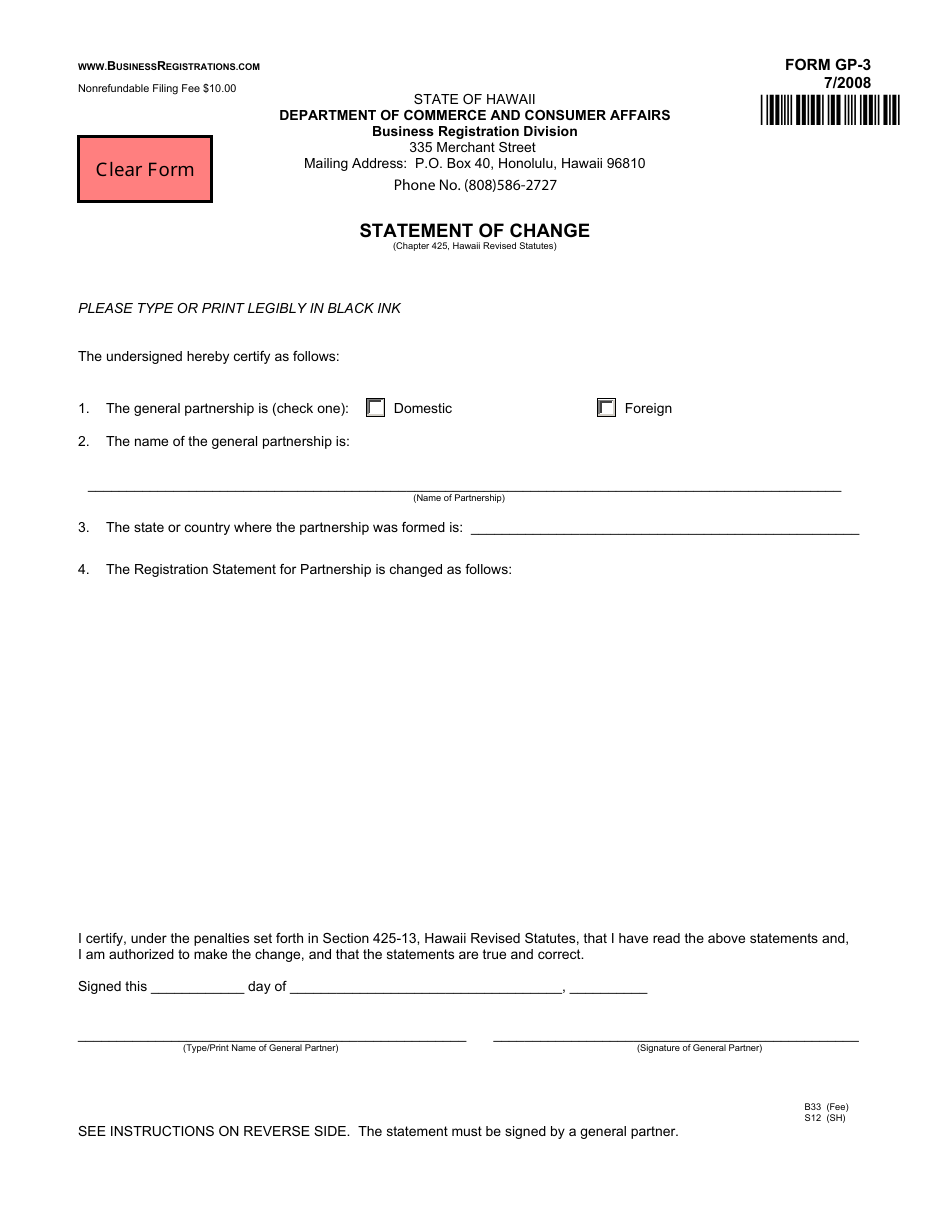 Form GP-3 - Fill Out, Sign Online and Download Fillable PDF, Hawaii ...