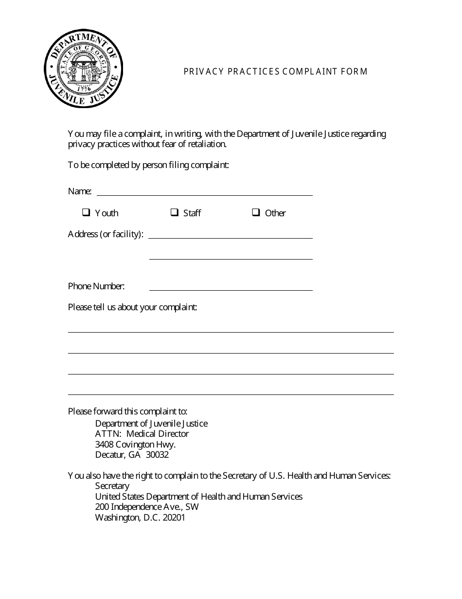 Georgia (United States) Privacy Practices Complaint Form - Fill Out ...