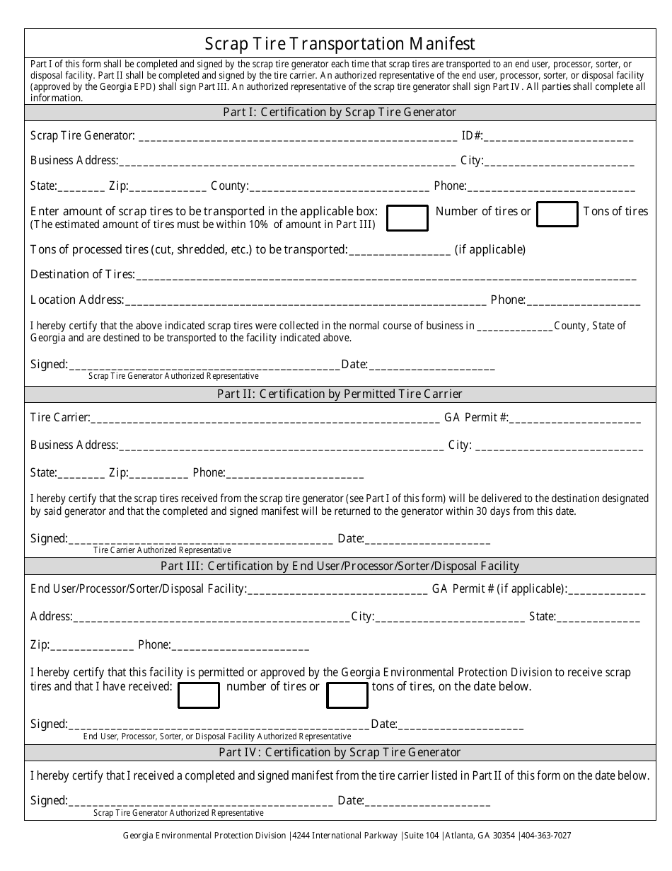 Georgia (United States) Scrap Tire Transportation Manifest - Fill Out ...