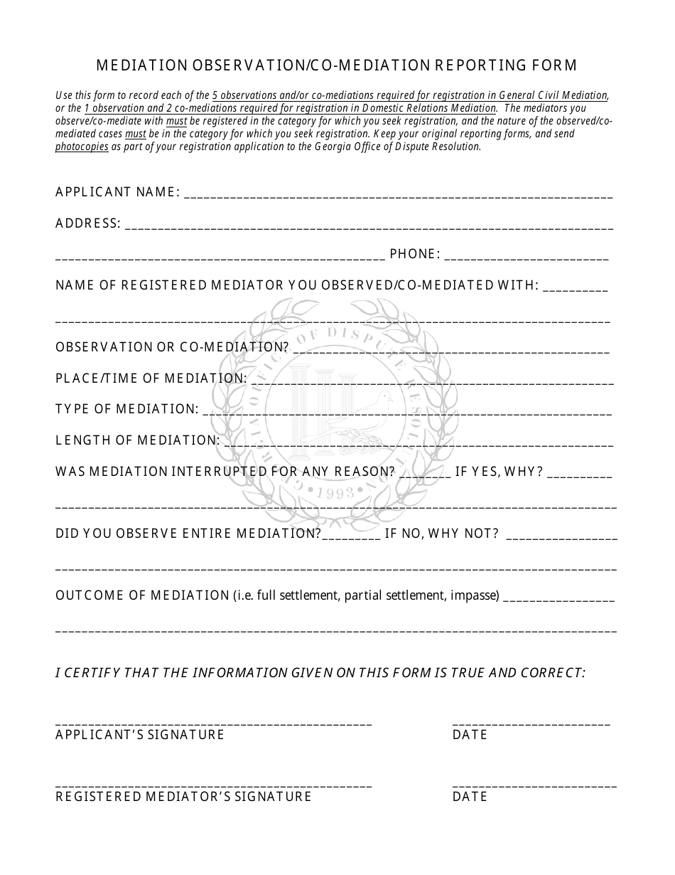 Georgia (United States) Mediation Observation/Co-mediation Reporting ...