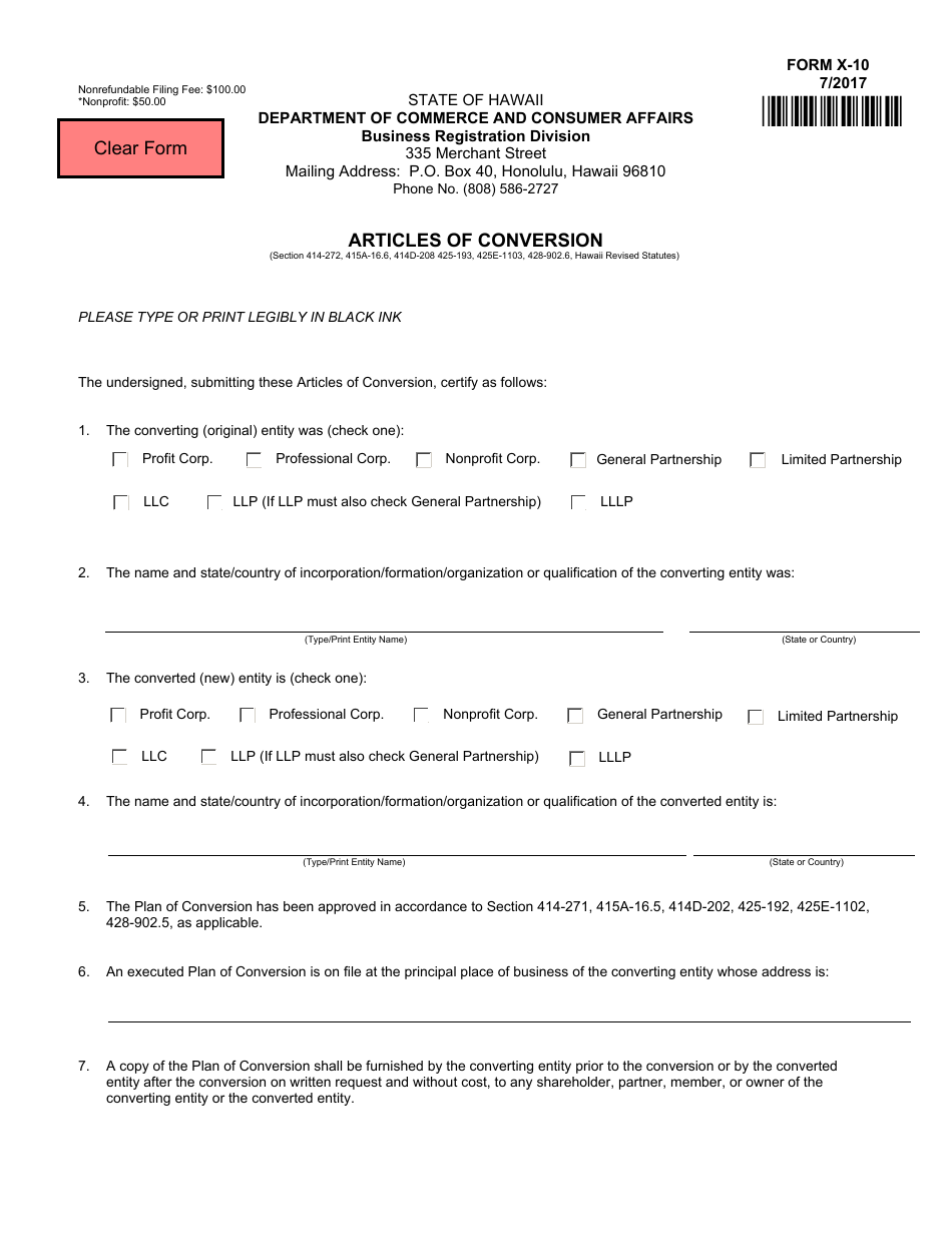 Form X-10 - Fill Out, Sign Online and Download Fillable PDF, Hawaii ...