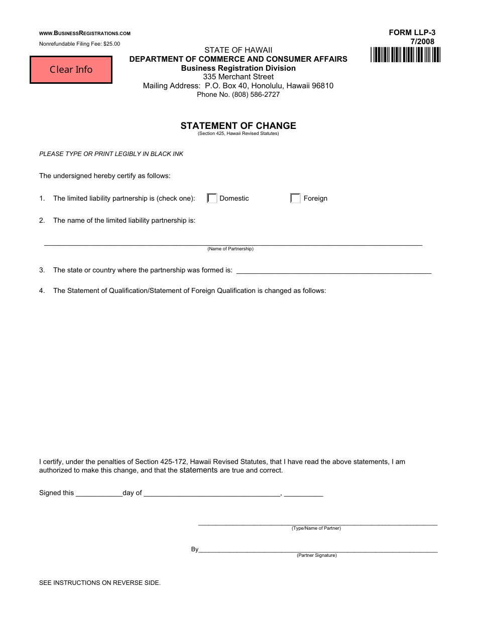 Form LLP-3 - Fill Out, Sign Online and Download Fillable PDF, Hawaii ...
