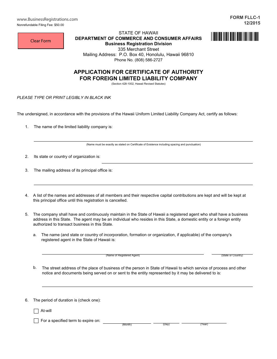 Form FLLC-1 - Fill Out, Sign Online and Download Fillable PDF, Hawaii ...