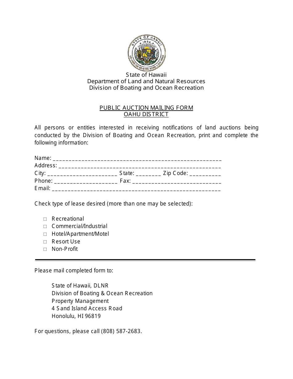 Hawaii Public Auction Mailing Form - Oahu District Download Fillable ...