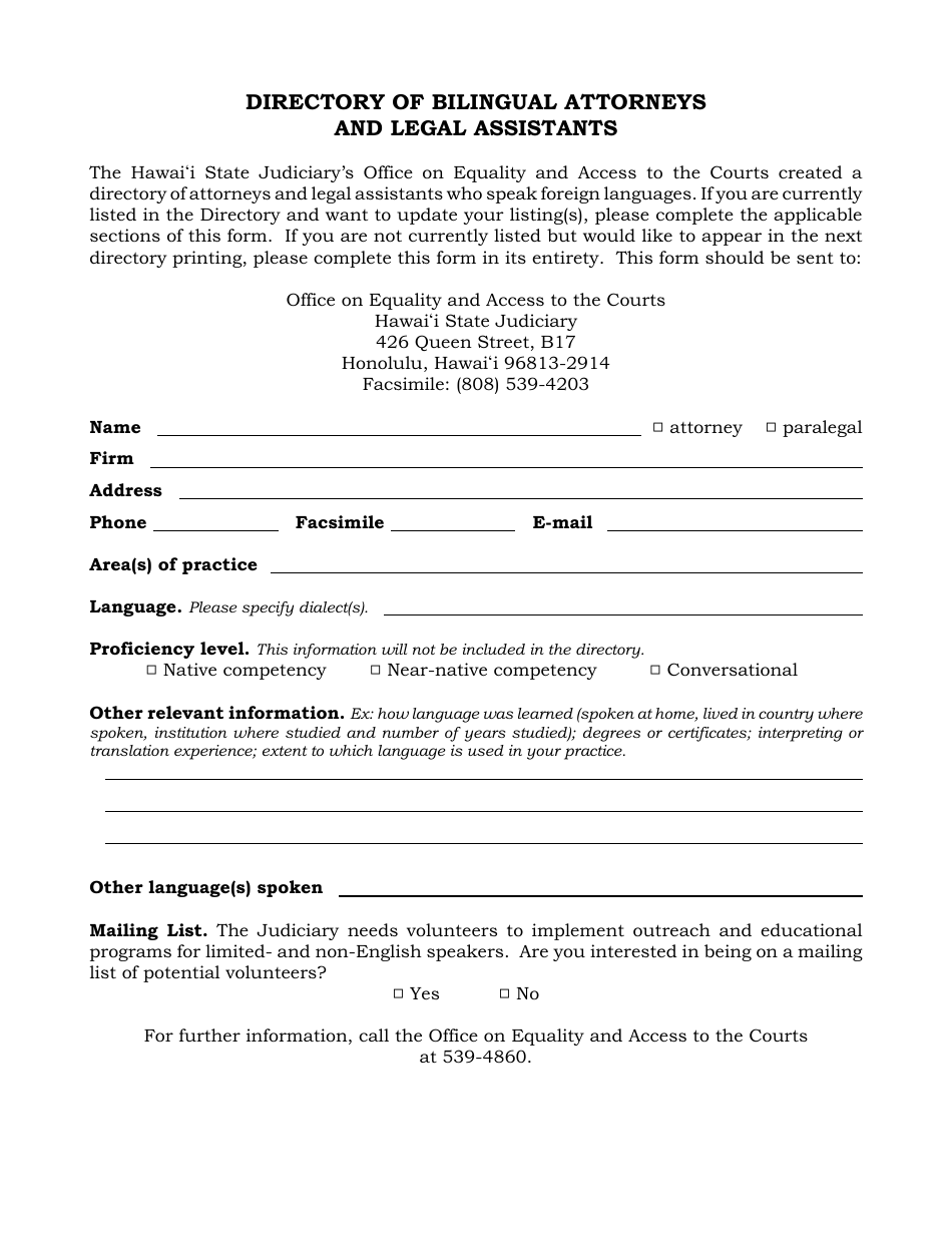 Hawaii Directory of Bilingual Attorneys and Legal Assistants - Fill Out ...