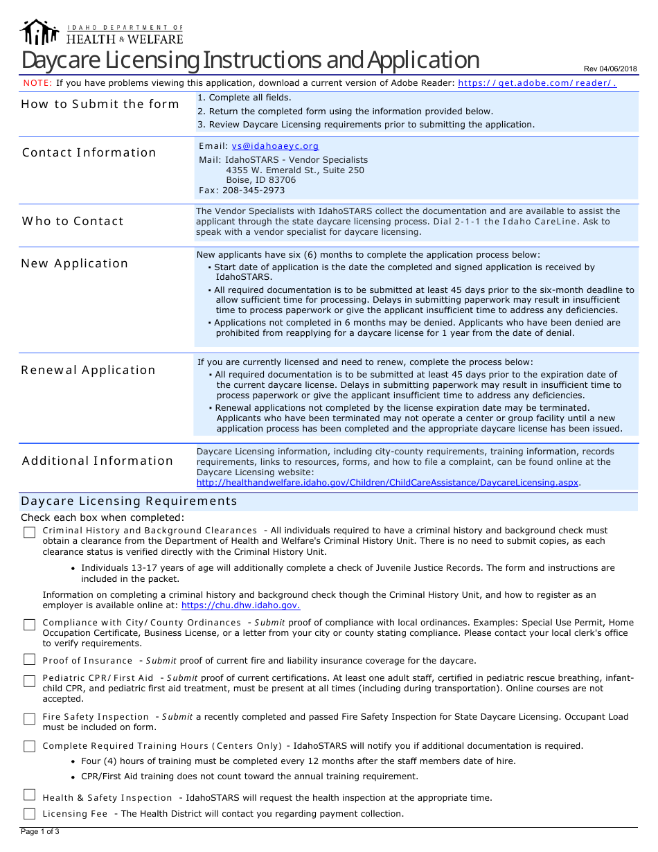 Idaho Daycare License Application Form - Fill Out, Sign Online and ...