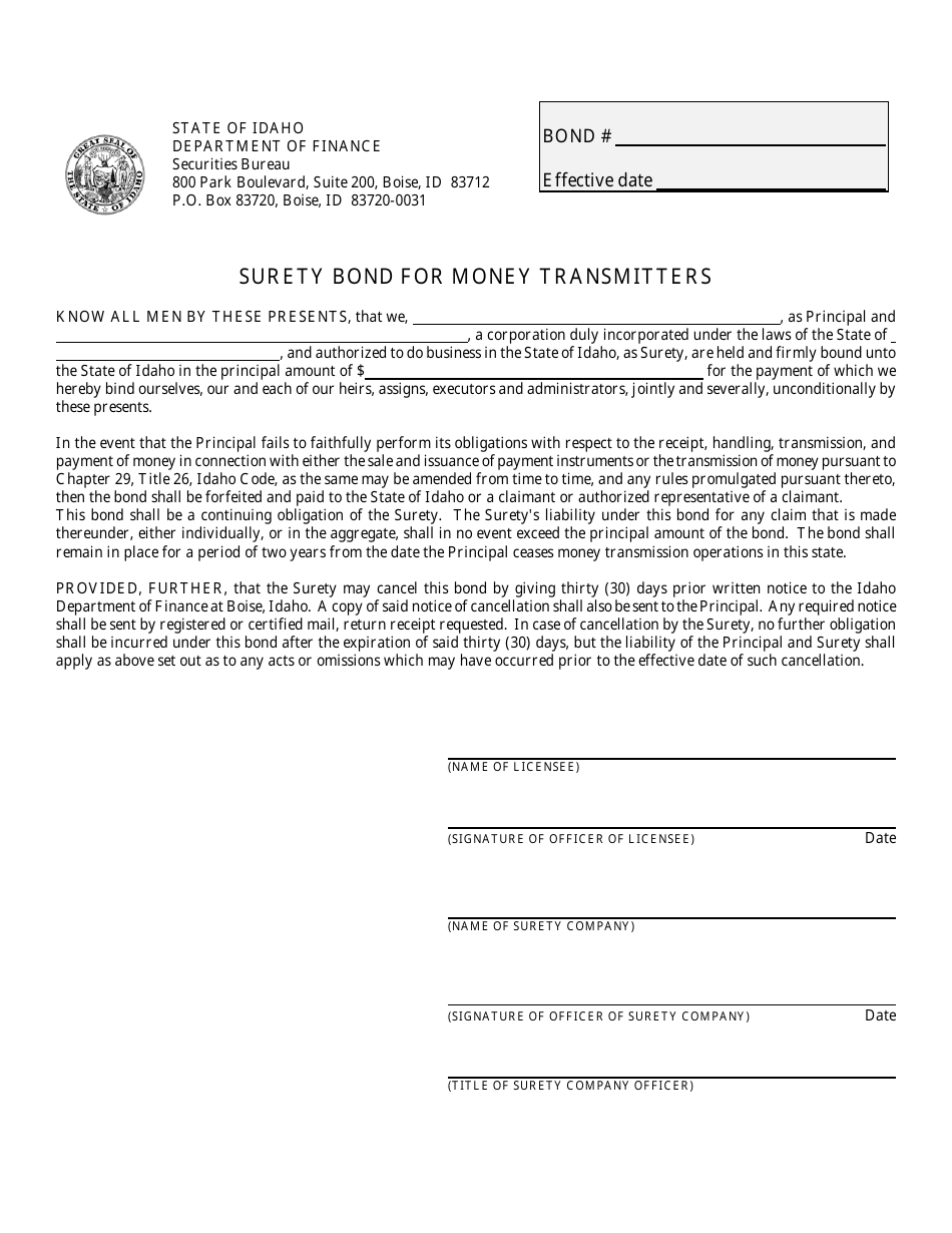 Idaho Surety Bond for Money Transmitters - Fill Out, Sign Online and ...