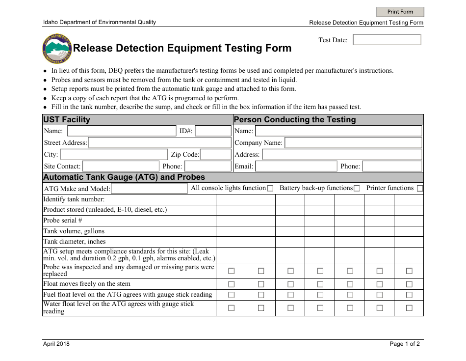 Idaho Release Detection Equipment Testing Form - Fill Out, Sign Online ...