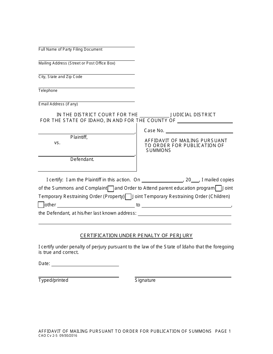 Idaho Affidavit of Mailing Pursuant to Order for Publication of Summons ...