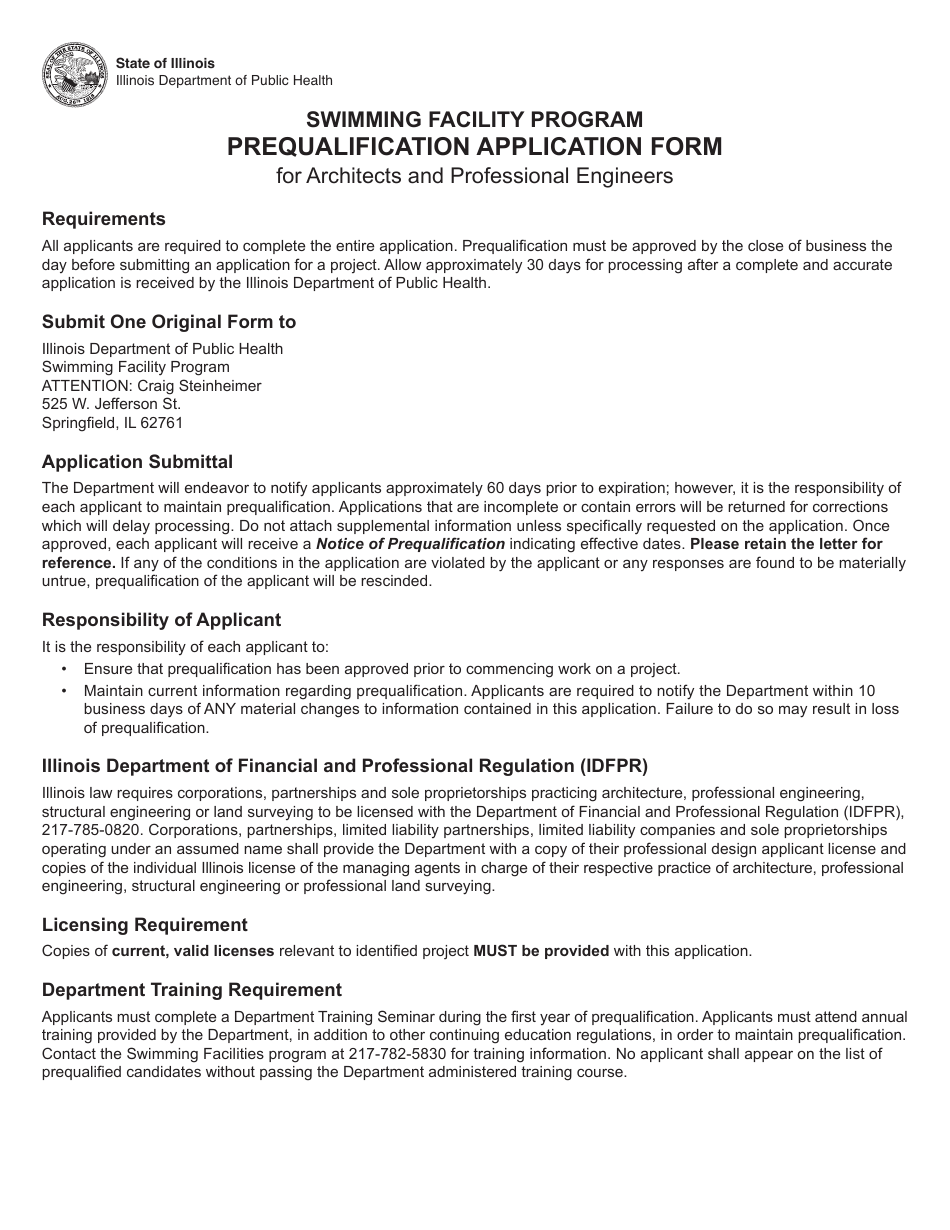 Illinois Swimming Facility Program Prequalification Application Form ...