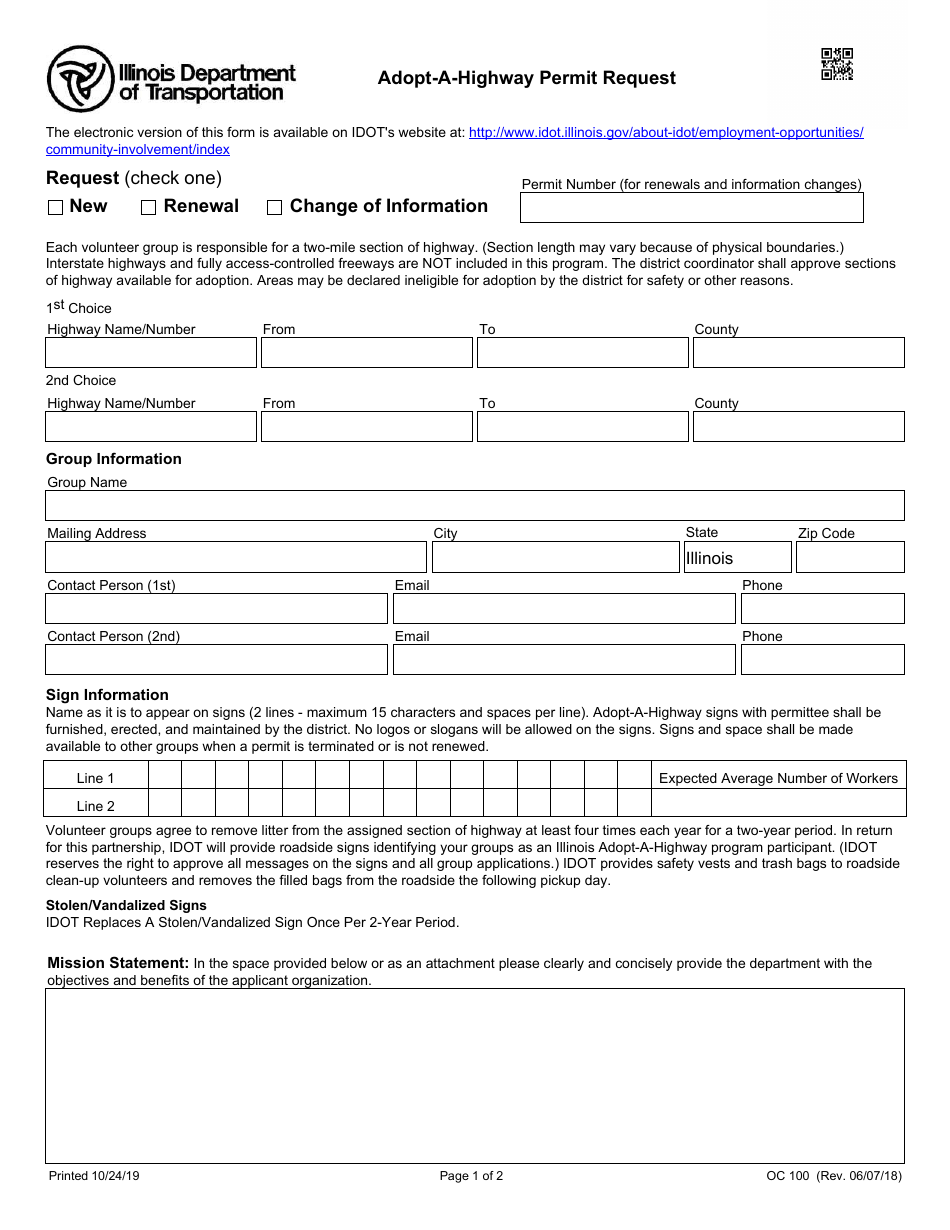 Form OC100 - Fill Out, Sign Online and Download Fillable PDF, Illinois ...