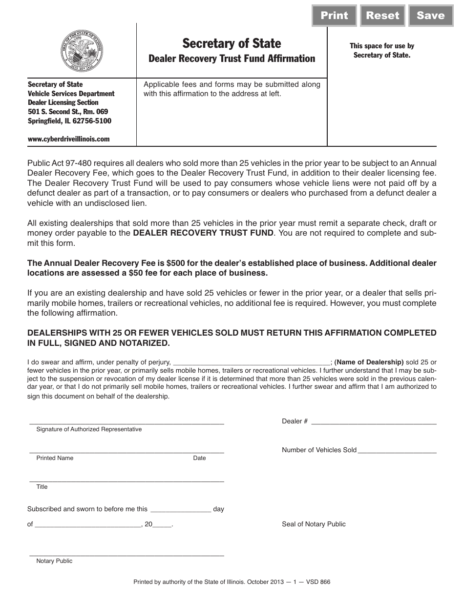 Form VSD866 - Fill Out, Sign Online and Download Fillable PDF, Illinois ...