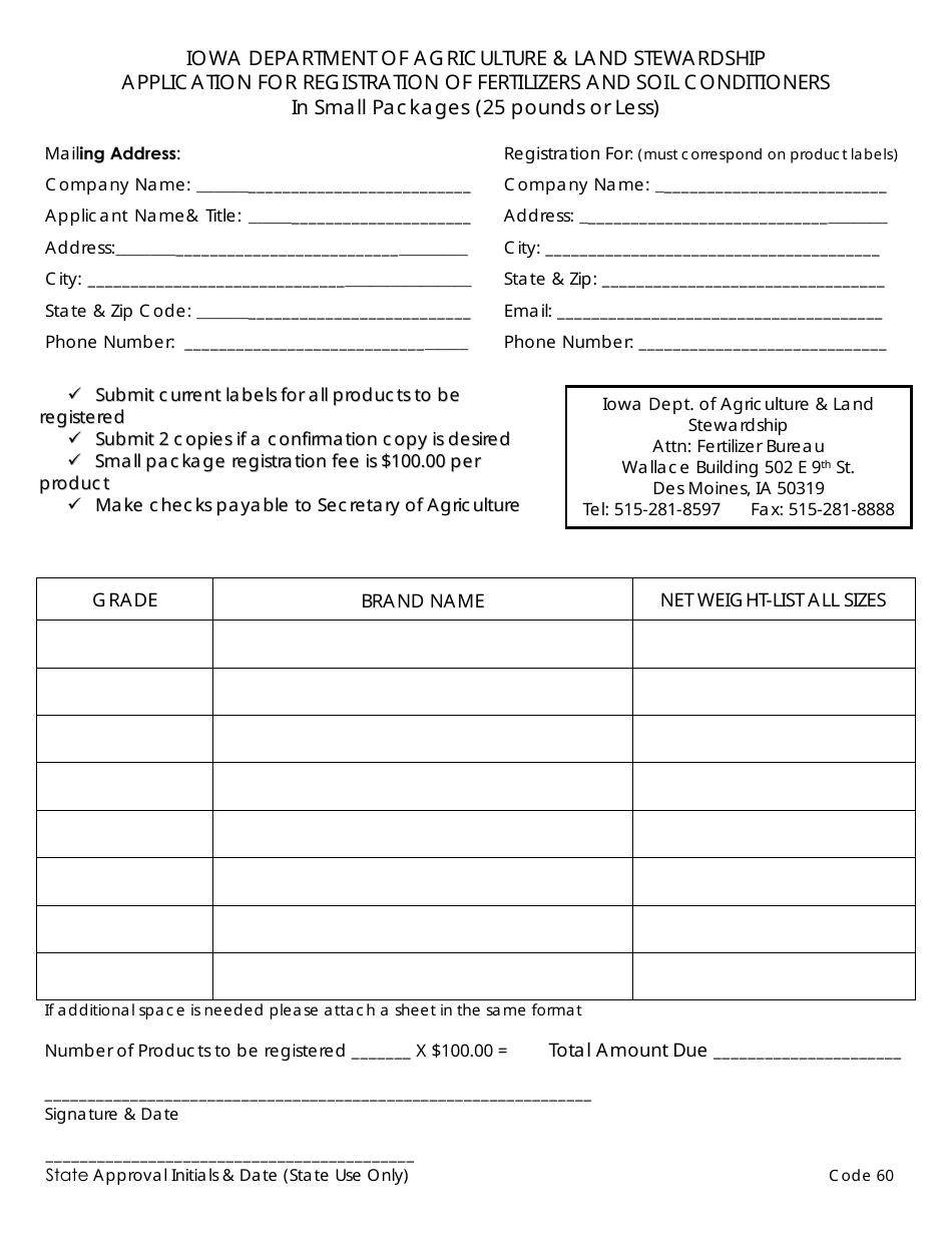 Iowa Application for Registration of Fertilizers and Soil Conditioners ...