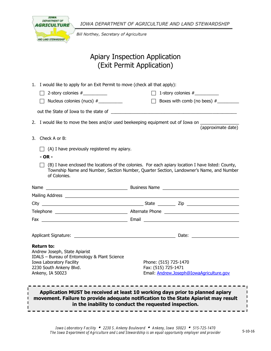 Iowa Apiary Inspection Application (Exit Permit Application) Form ...