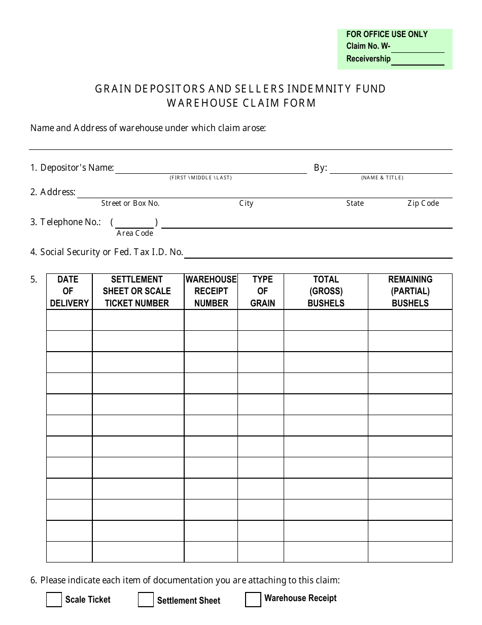 Iowa Grain Depositors and Sellers Indemnity Fund Warehouse Claim Form ...