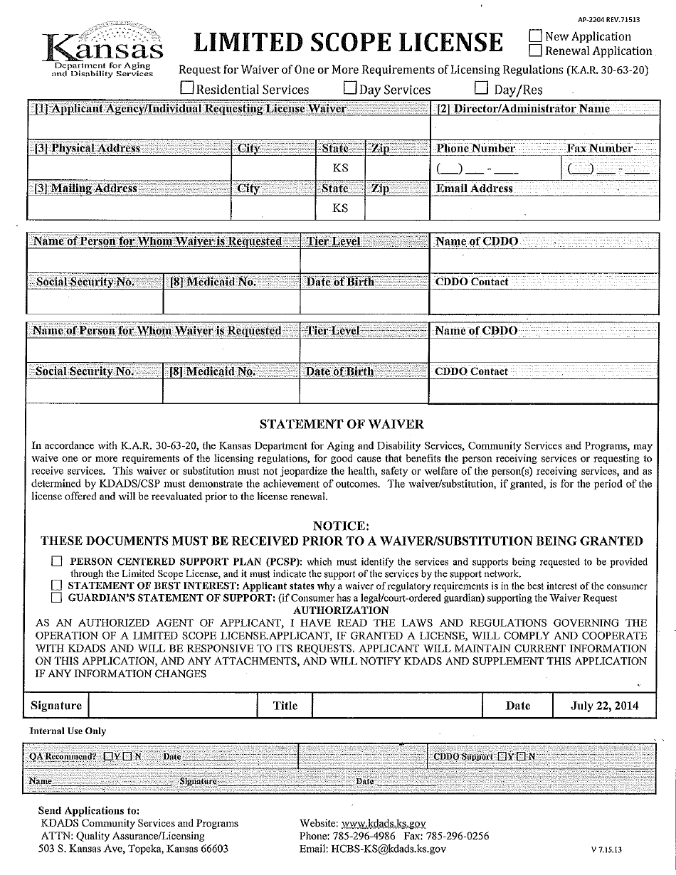 KDADS Form AP-2204 - Fill Out, Sign Online and Download Printable PDF ...