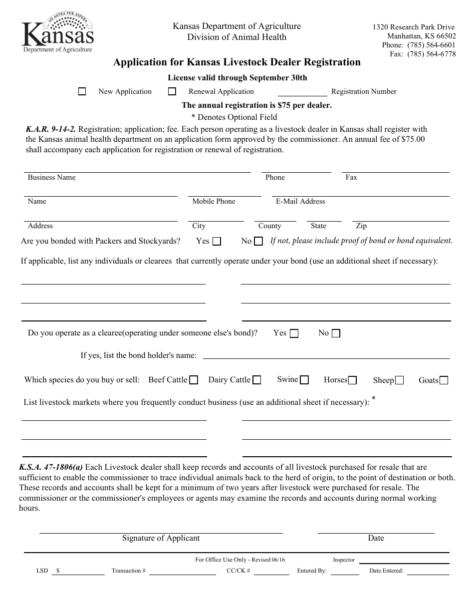 Kansas Application For Kansas Livestock Dealer Registration Fill Out